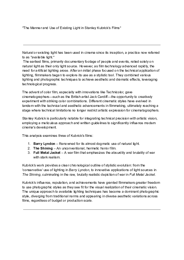 (PDF) The Style and Use of Existing Light in Stanley Kubrick's Films ...