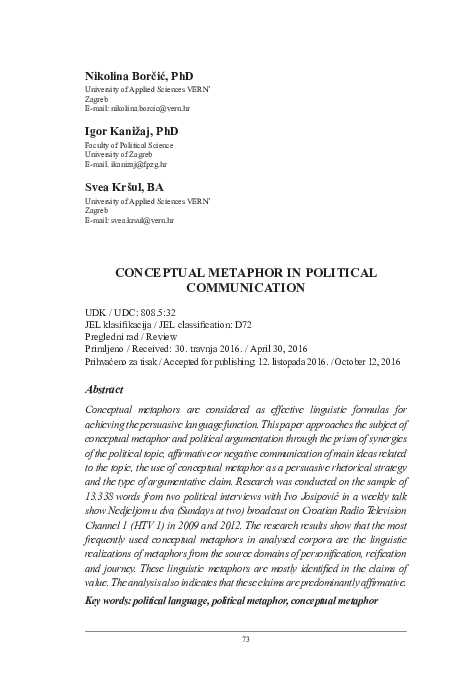 (PDF) Conceptual Metaphor in Political Communication the Aim of the ...