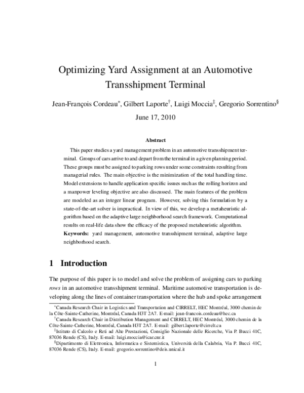 (PDF) Optimizing yard assignment in an automotive transshipment terminal | Gregorio Sorrentino ...