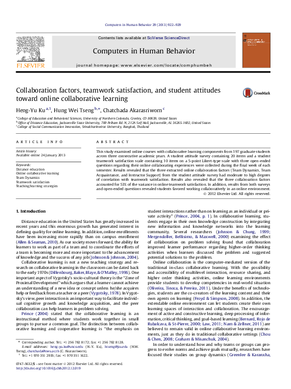 (PDF) Collaboration factors, teamwork satisfaction, and student attitudes toward online ...