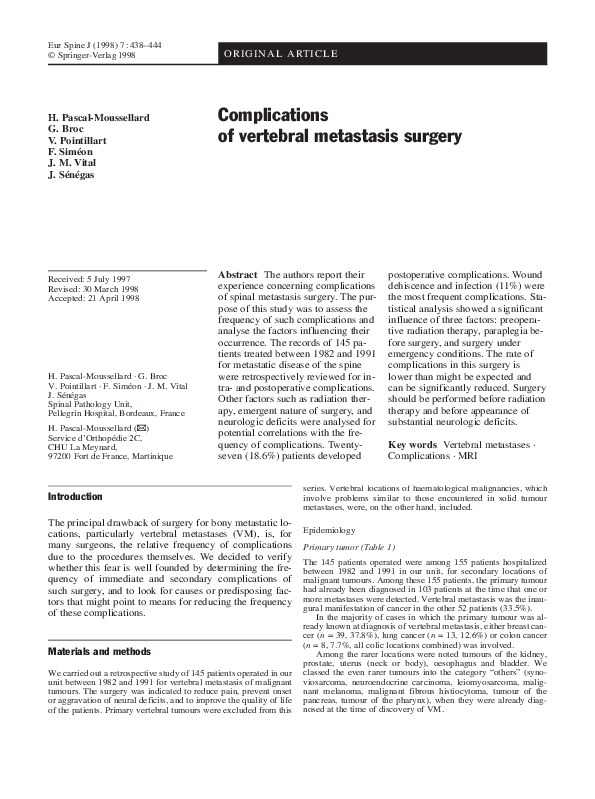 (PDF) Complications of vertebral metastasis surgery | Hugues Pascal-Moussellard - Academia.edu