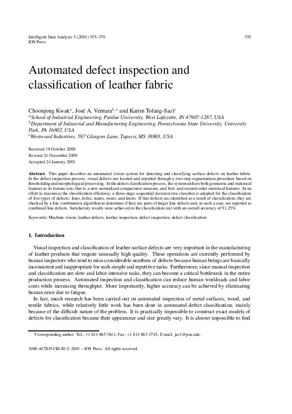 (PDF) Automated defect inspection and classification of leather fabric