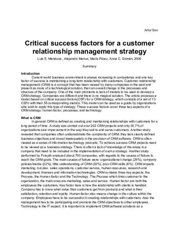 (PDF) Critical success factors for a customer relationship management strategy