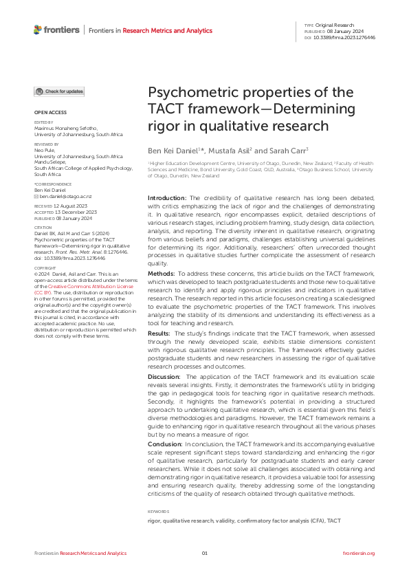 (PDF) Psychometric properties of the TACT framework—Determining rigor ...