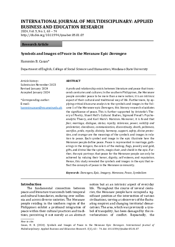 (PDF) Symbols and Images of Peace in the Meranaw Epic Darangen