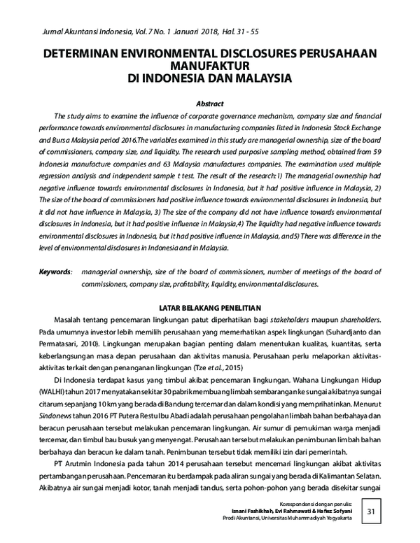 (PDF) Determinan Environmental Disclosures Perusahaan Manufaktur DI Indonesia Dan Malaysia | Evi ...