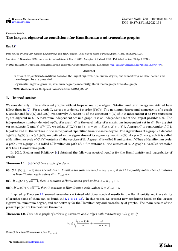 (PDF) Eigenvalue Conditions for Hamiltonian Graphs