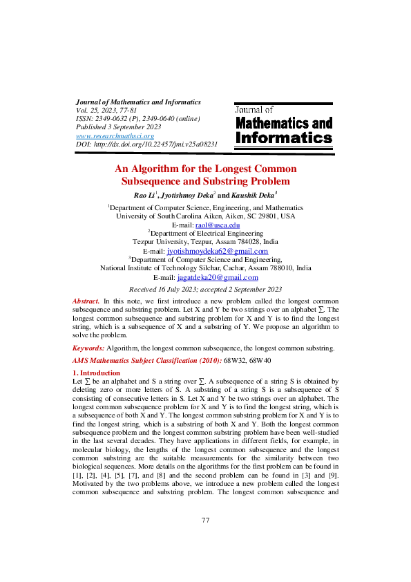 (PDF) An Algorithm for the Longest Common Subsequence and Substring Problem