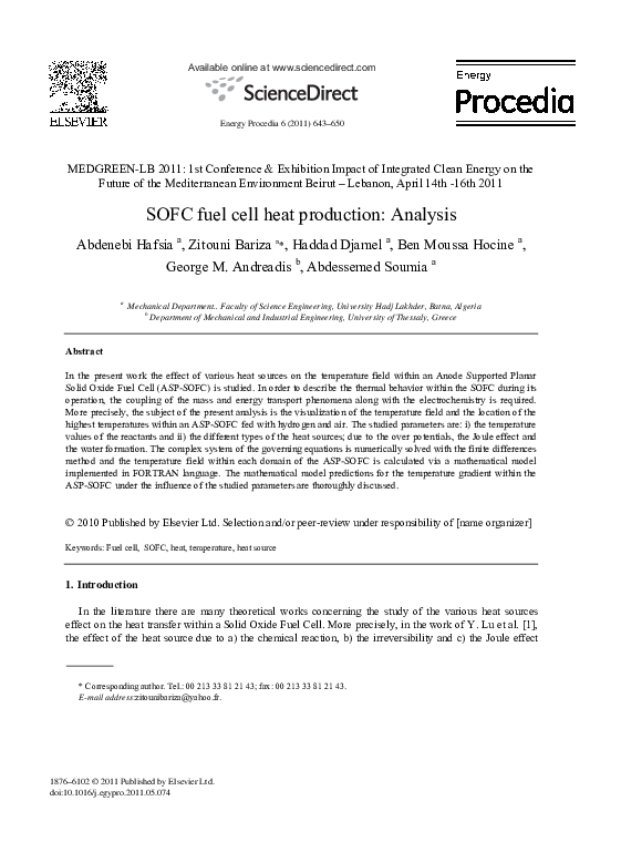 (PDF) SOFC fuel cell heat production: Analysis