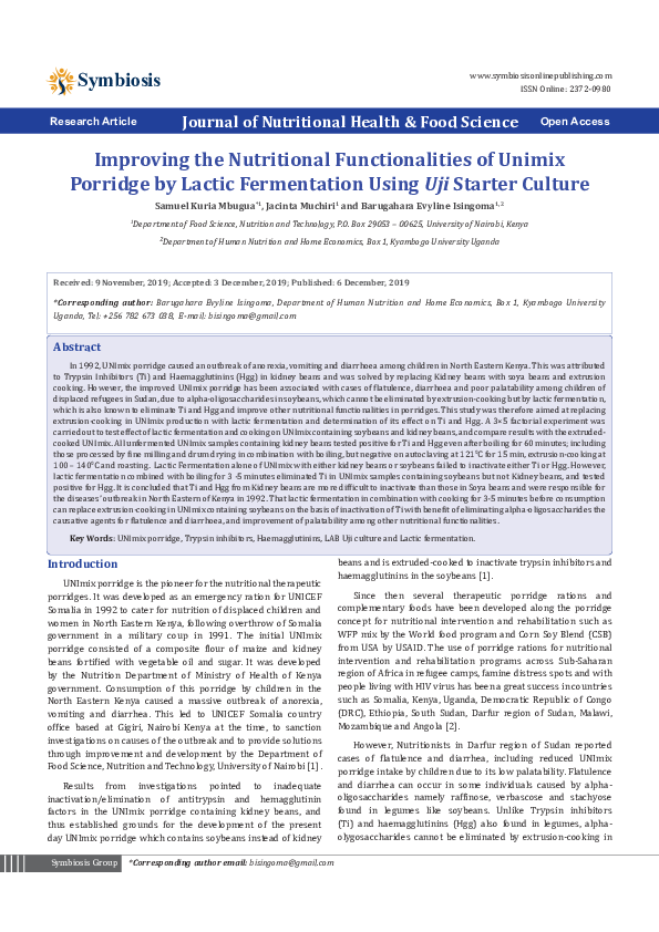 (PDF) Improving the Nutritional Functionalities of Unimix Porridge by Lactic Fermentation Using ...