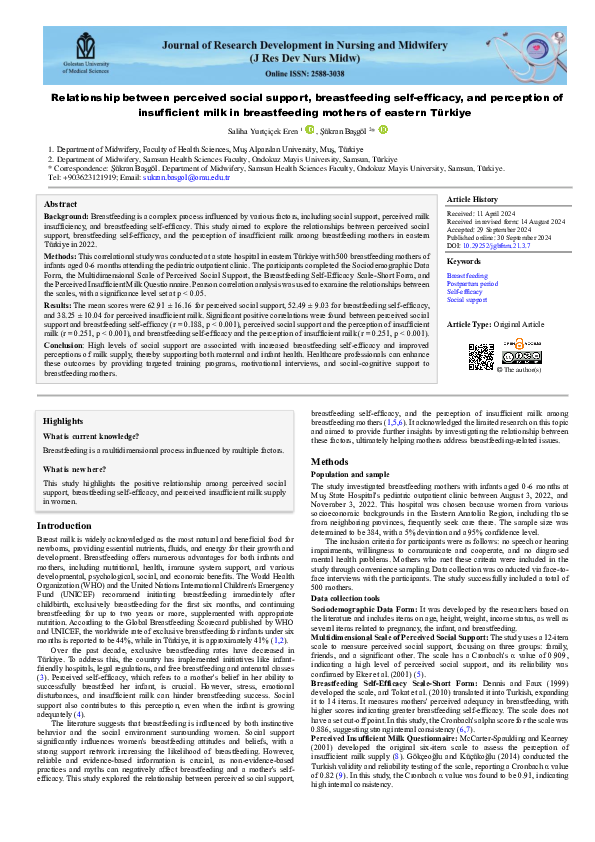 (PDF) Relationship between perceived social support, breastfeeding self-efficacy, and perception ...