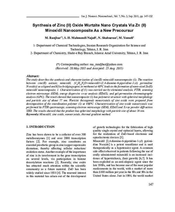 (PDF) Synthesis of Zinc (II) Oxide Wurtzite Nano Crystals Via Zn (II) Minoxidil Nanocomposite As ...