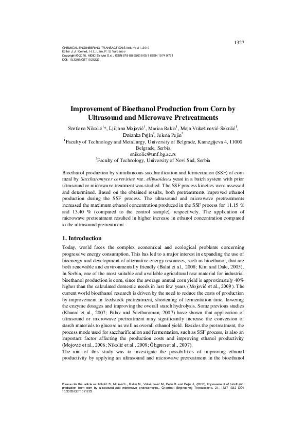 (PDF) Improvement of Bioethanol Production from Corn by Ultrasound and ...