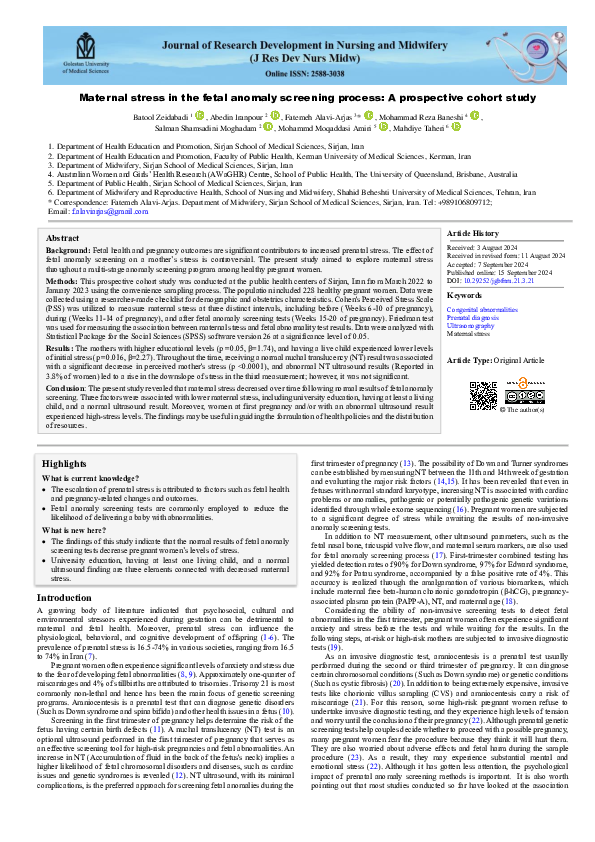 (PDF) Maternal stress in the fetal anomaly screening process: A prospective cohort study