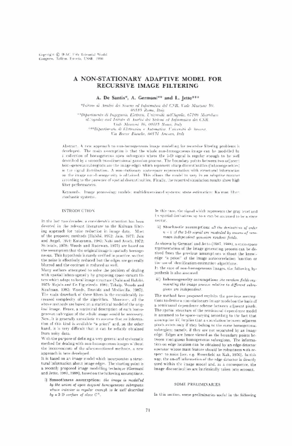 Pdf A Non Stationary Adaptive Model For Recursive Image Filtering Leopoldo Jetto