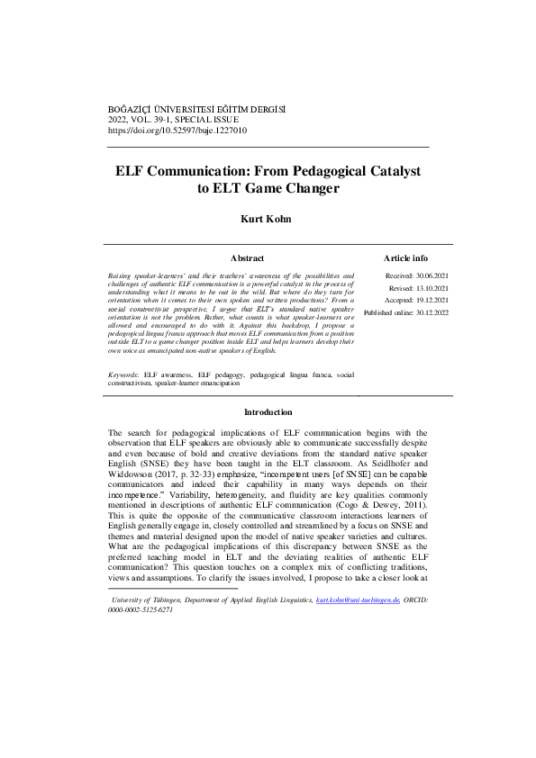 (PDF) ELF Communication: From Pedagogical Catalyst to ELT Game Changer