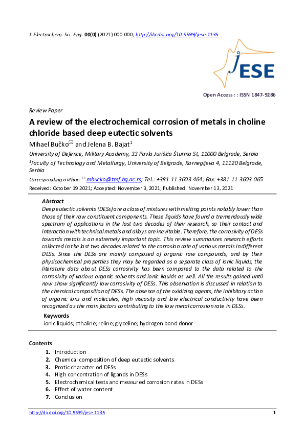 (PDF) A Review of the electrochemical corrosion of metals in choline chloride based deep ...