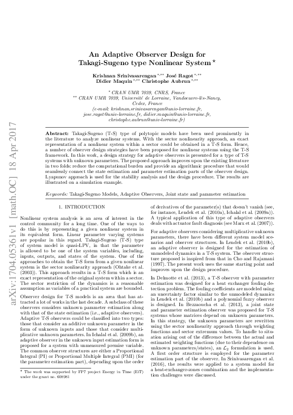 Pdf An Adaptive Observer Design For Takagi Sugeno Type Nonlinear