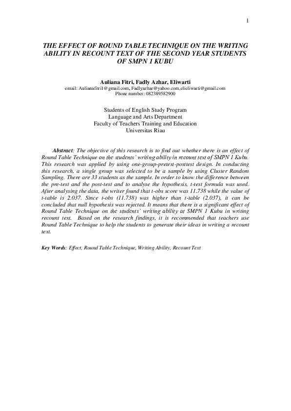 (PDF) The Effect of Round Table Technique on the Writing Ability in Recount Text of the Second ...