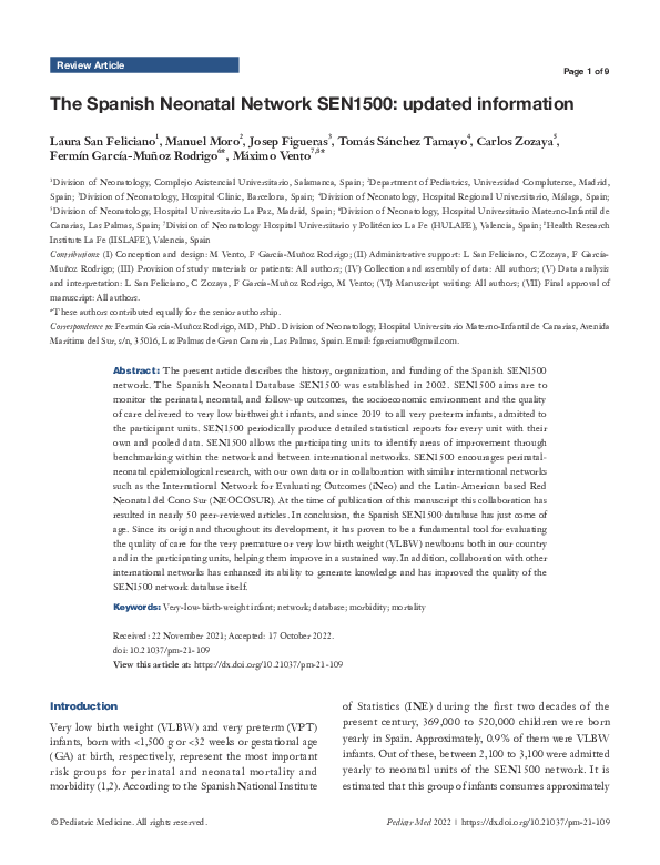 (PDF) The Spanish Neonatal Network SEN1500: updated information