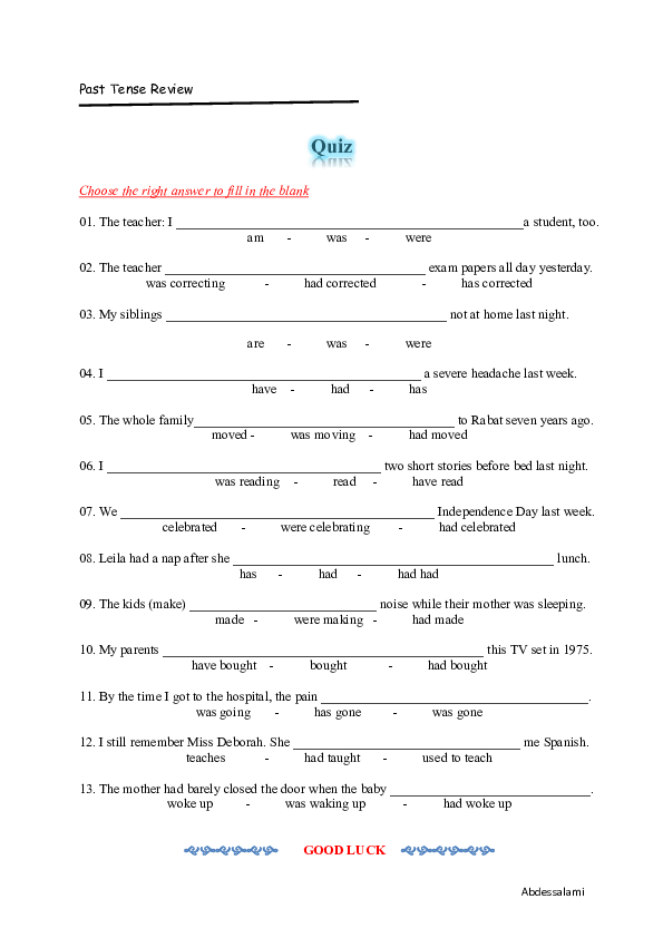 (PDF) Multiple Choice Past Tense Quiz