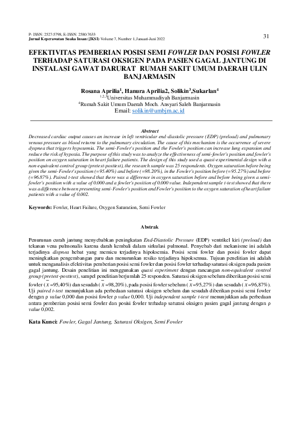 (PDF) Efektivitas Pemberian Posisi Semi Fowler Dan Posisi Fowler Terhadap Saturasi Oksigen Pada ...