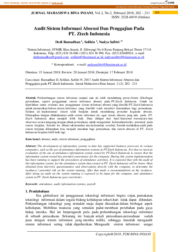 (PDF) Audit Sistem Informasi Absensi Dan Penggajian Pada PT. Ztech ...