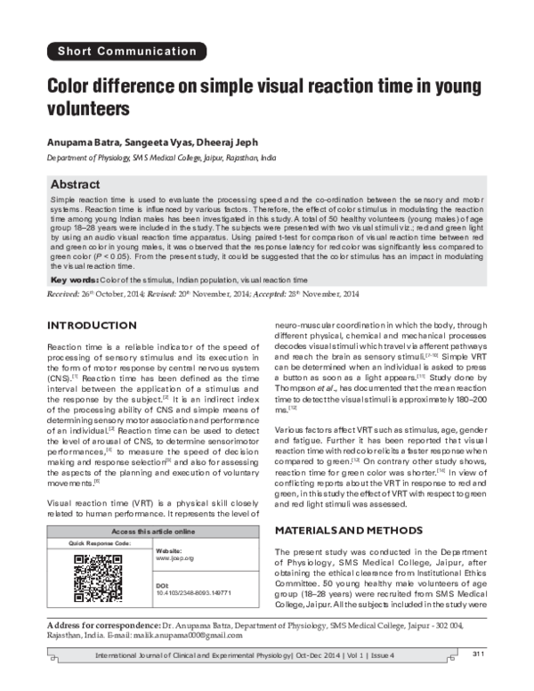 (PDF) Color difference on simple visual reaction time in young volunteers