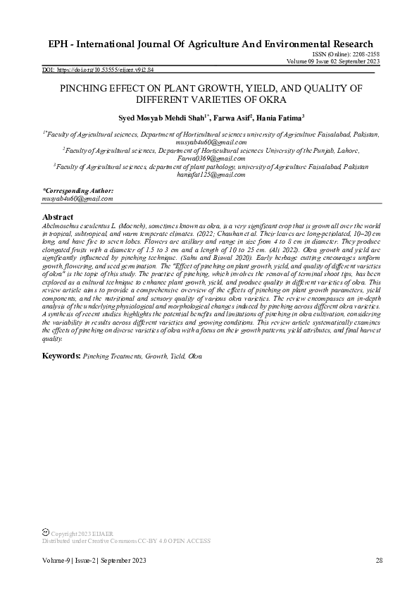 (PDF) Pinching Effect on Plant Growth, Yield, and Quality of Different Varieties of Okra