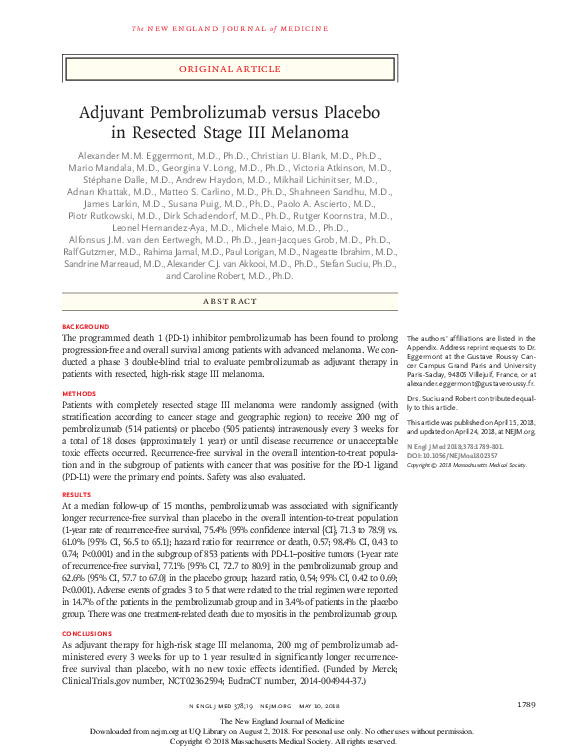 (PDF) Adjuvant Pembrolizumab versus Placebo in Resected Stage III Melanoma