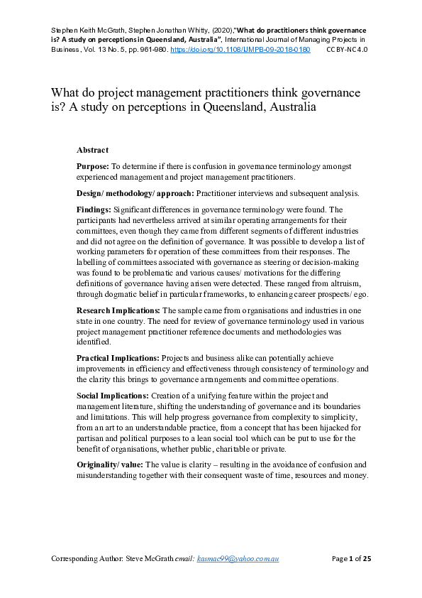 (PDF) What do project management practitioners think governance is? A ...
