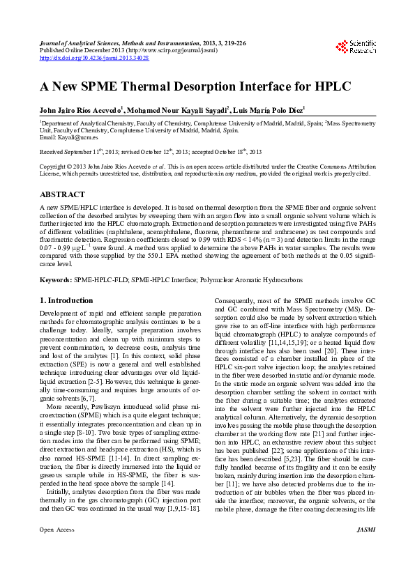 (PDF) A New SPME Thermal Desorption Interface for HPLC