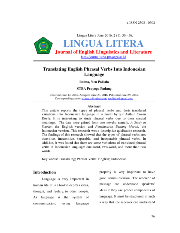 (PDF) Translating English Phrasal Verbs Into Indonesian Language