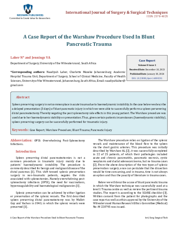 (PDF) A Case Report of the Warshaw Procedure Used In Blunt Pancreatic ...