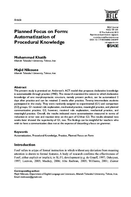 (PDF) Planned Focus on Form: Automatization of Procedural Knowledge