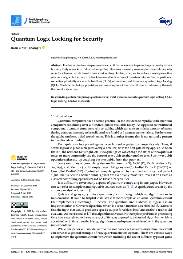 (PDF) Quantum Logic Locking for Security