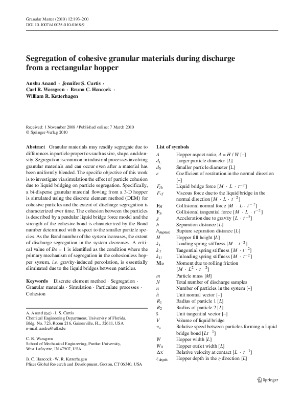 (PDF) Segregation of cohesive granular materials during discharge from a rectangular hopper ...