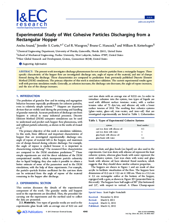 (PDF) Experimental Study of Wet Cohesive Particles Discharging from a Rectangular Hopper | Anshu ...