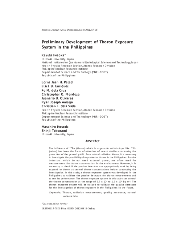 (PDF) Preliminary Development of Thoron Exposure System in the Philippines