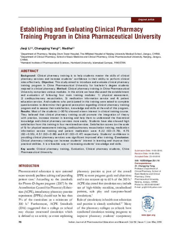 (PDF) Establishing and Evaluating Clinical Pharmacy Training Program in ...
