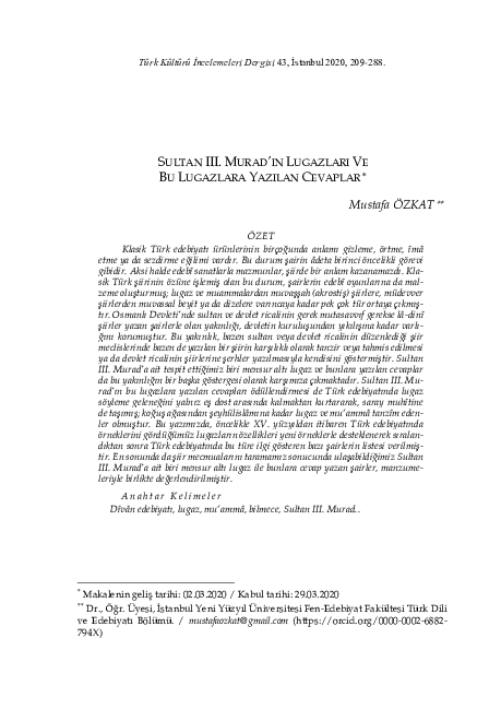 (PDF) Sultan III. Murad in Lugazlari Ve Bu Lugazlara Yazilan Cevaplar