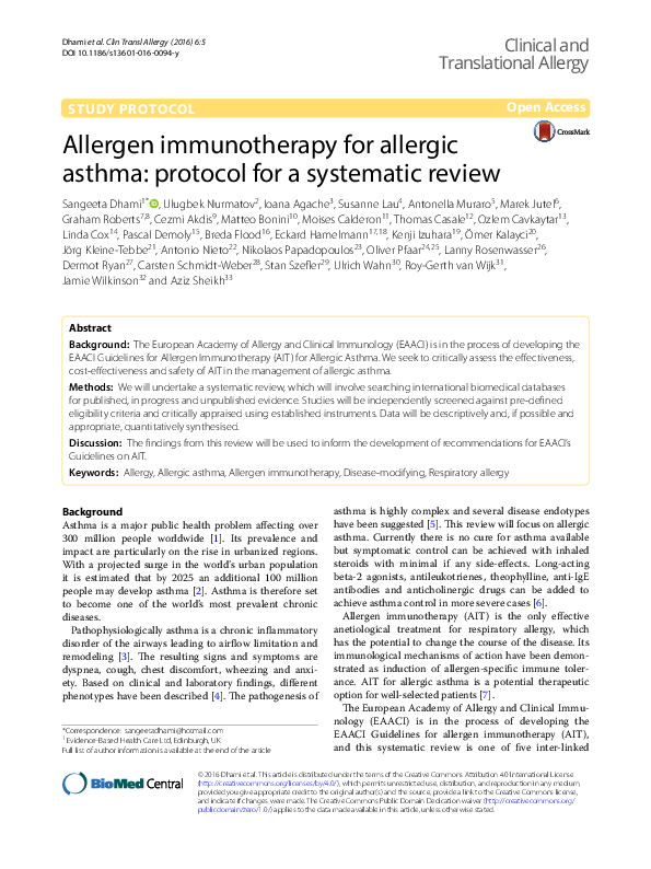 (PDF) Allergen immunotherapy for allergic asthma: protocol for a systematic review