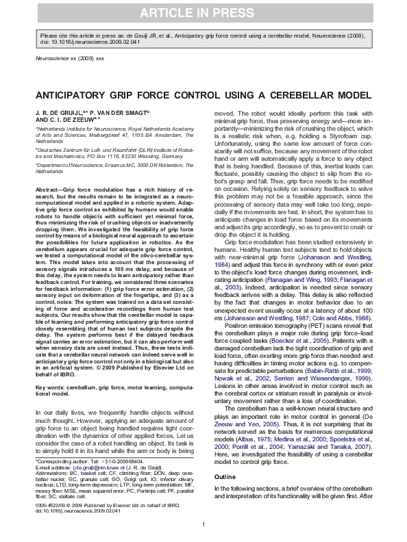 (PDF) Anticipatory grip force control using a cerebellar model