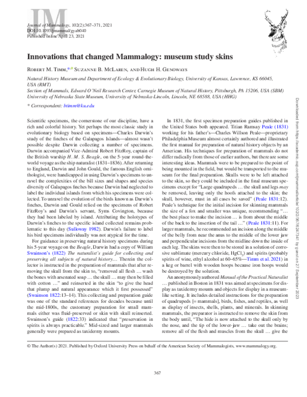 (PDF) Innovations that changed Mammalogy: museum study skins | Robert Timm - Academia.edu