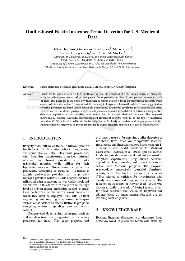 (PDF) Outlier-based Health Insurance Fraud Detection for U.S. Medicaid Data