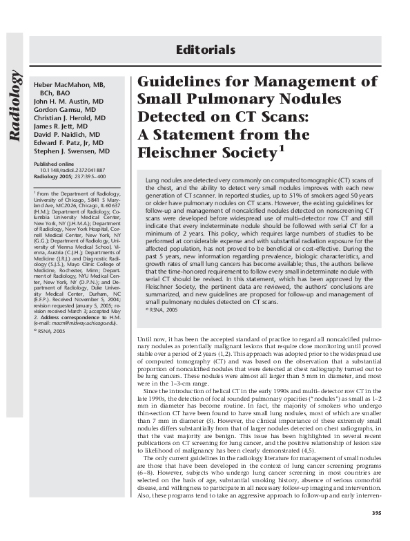 (PDF) Guidelines for Management of Small Pulmonary Nodules Detected on ...