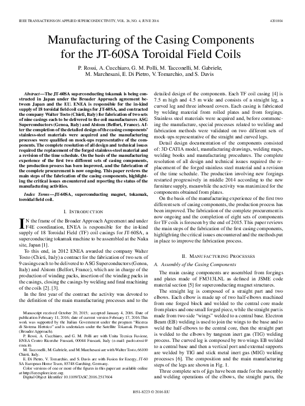 (PDF) Manufacturing of the Casing Components for the JT-60SA Toroidal ...