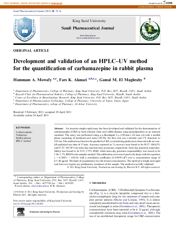 (PDF) Development and validation of an HPLC–UV method for the quantification of carbamazepine in ...