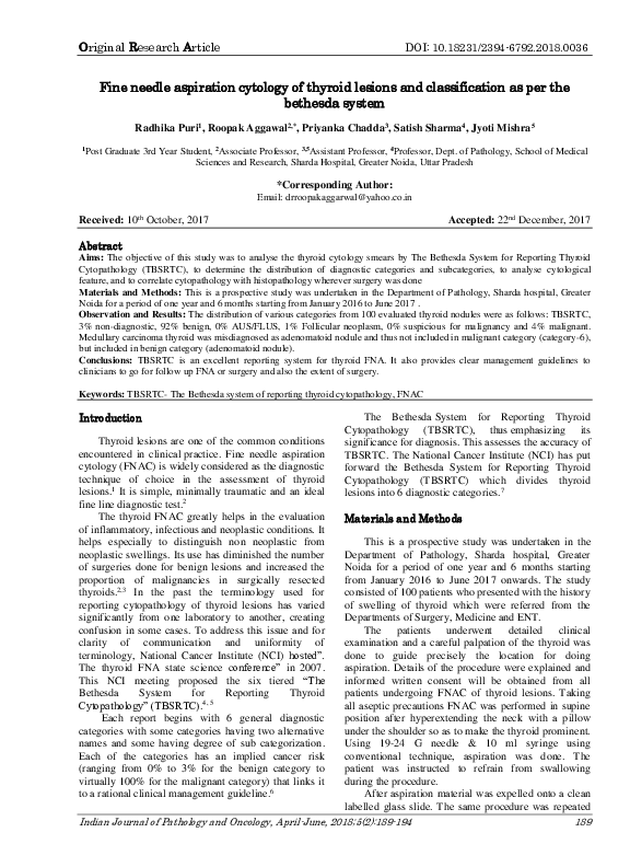 (PDF) Fine needle aspiration cytology of thyroid lesions and ...