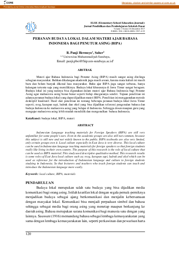 (PDF) Peranan Budaya Lokal Dalam Materi Ajar Bahasa Indonesia Bagi Penutur Asing (BIPA)